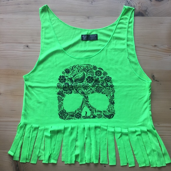Tops | Neon Green Skull Fringe Cotton Tank | Poshmark